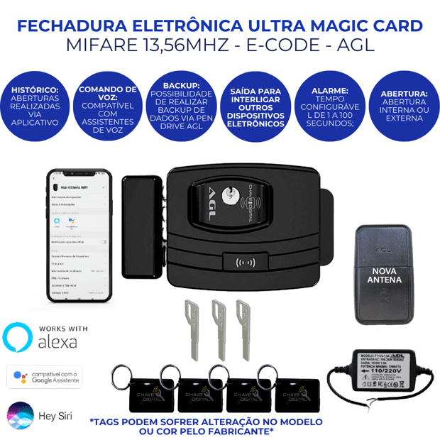 FECHADURA ELETR. AGL ULTRA MAGIC CARD PRETA MIFARE 13,56 MHz - 42MM CH ...