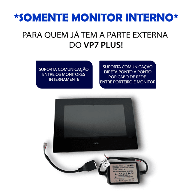 MONITOR VIDEO PORTEIRO AGL VP7 PLUS - UNIDADE | Casa do Telecom