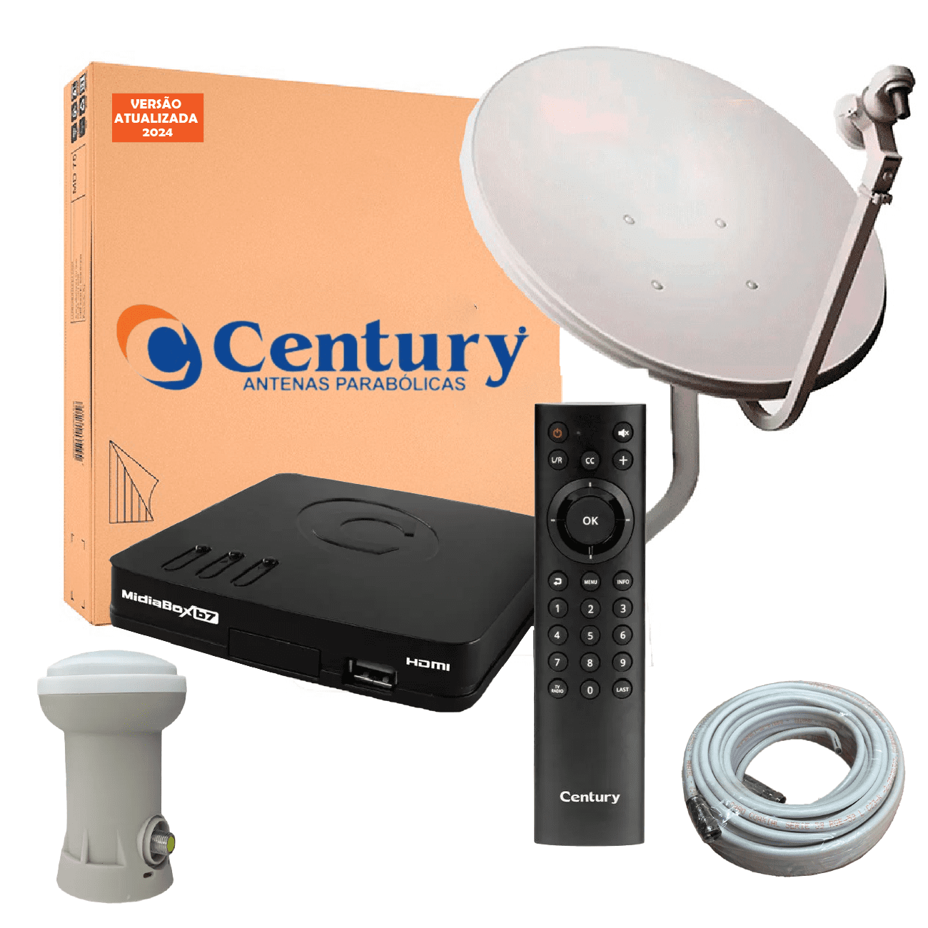 KIT RECEPTOR CENTURY MIDIABOX - B7 + ANTENA + LNBF SIMPLES + CABO ...