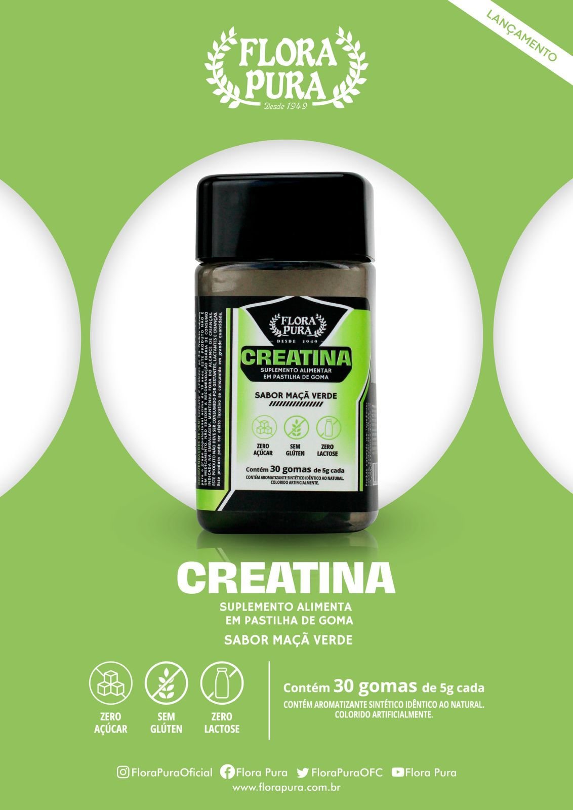 CREATINA EM GOMA SABOR MACA VERDE FLORA PURA | DISTRIBUIDORA FLORA PURA