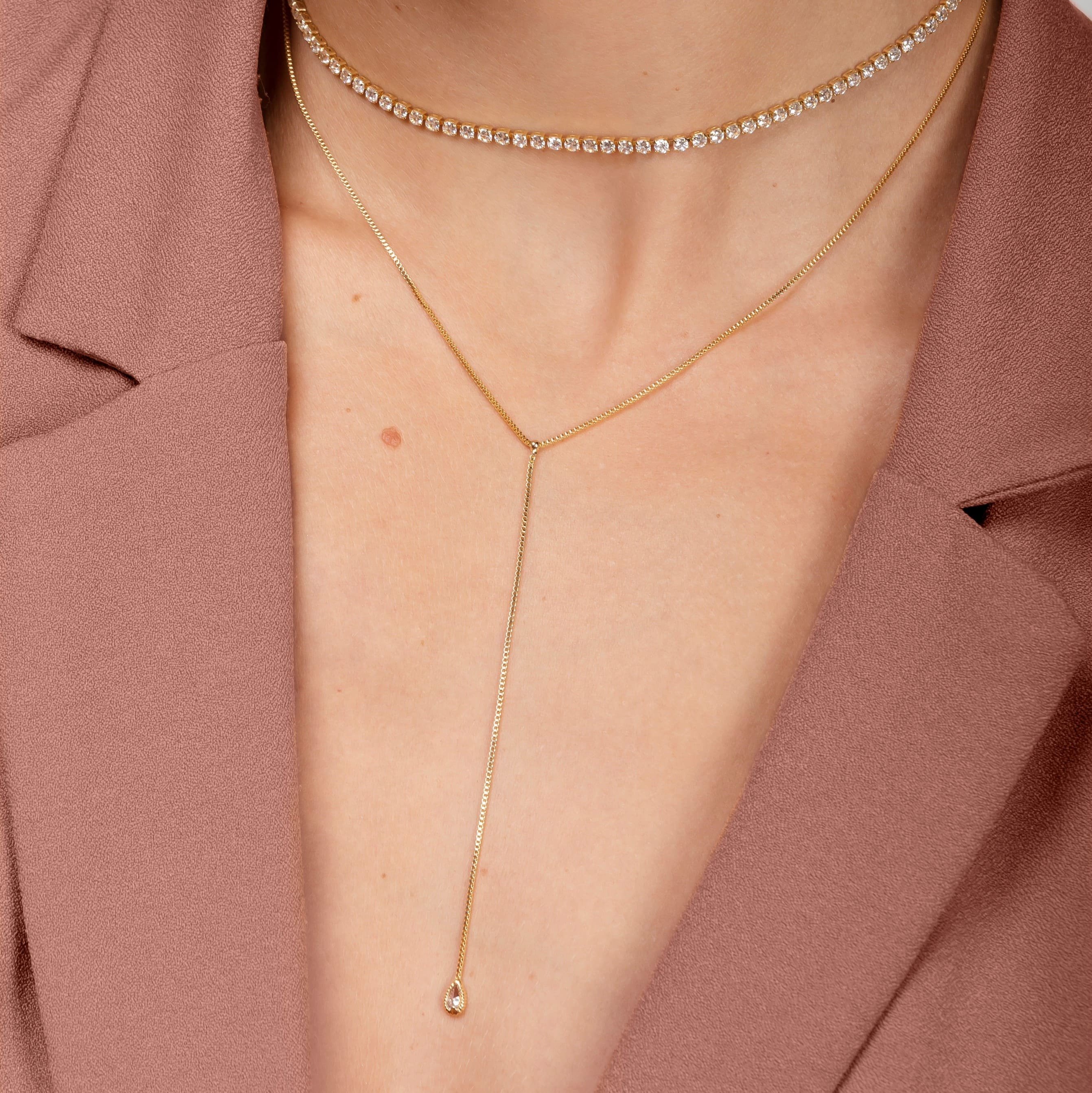 Corrente Gravatinha Gotinha Zircônia Folheado A Ouro 18K 40 Cm | Rahra