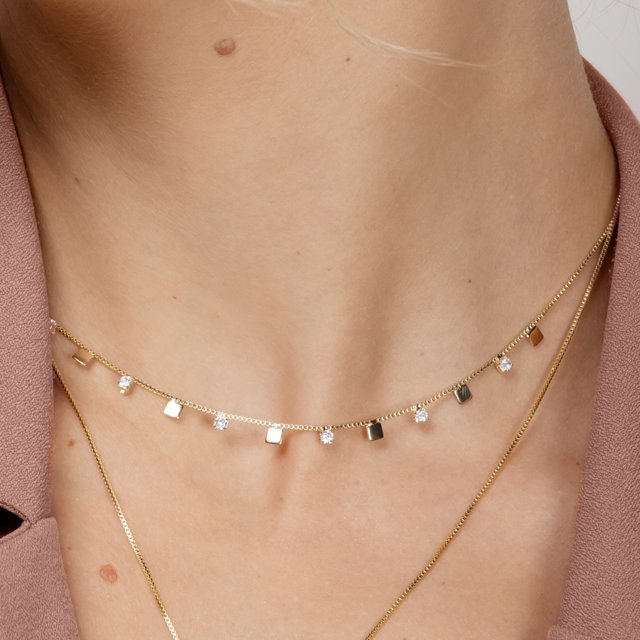 Corrente Mini Quadrados Zircônia Folheado A Ouro 18K 40 Cm | RAHRA