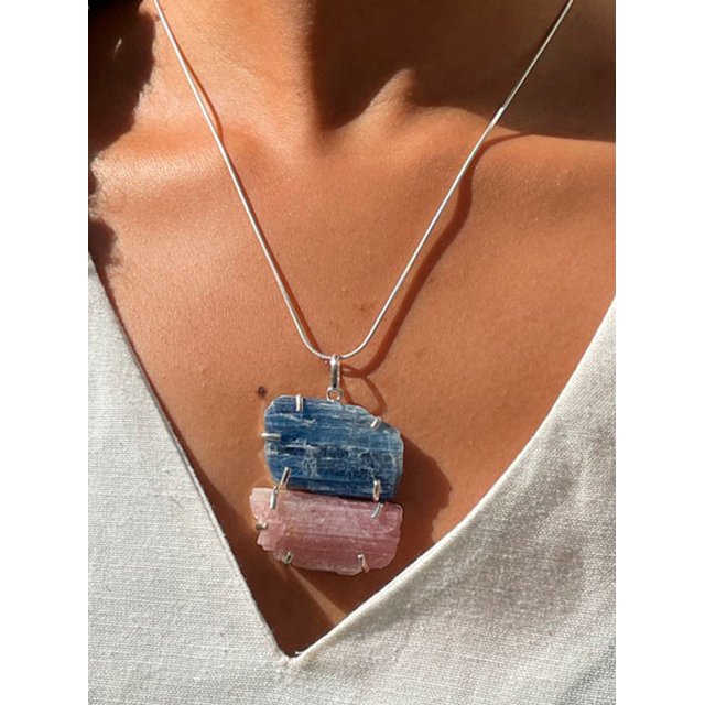Pingente Mix de Duas Pedras Naturais Cianita e Turmalina Rosa Prata 925 ...