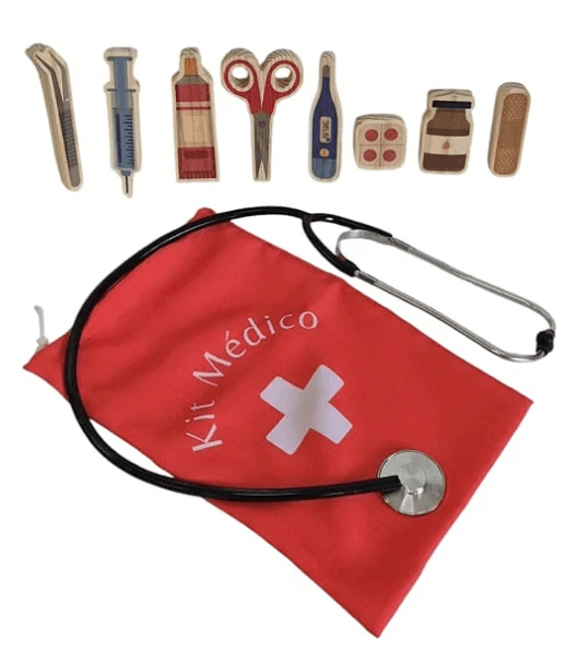 KIT MÉDICO INFANTIL EM MADEIRA 09 ITENS | Mundo Pedagógico