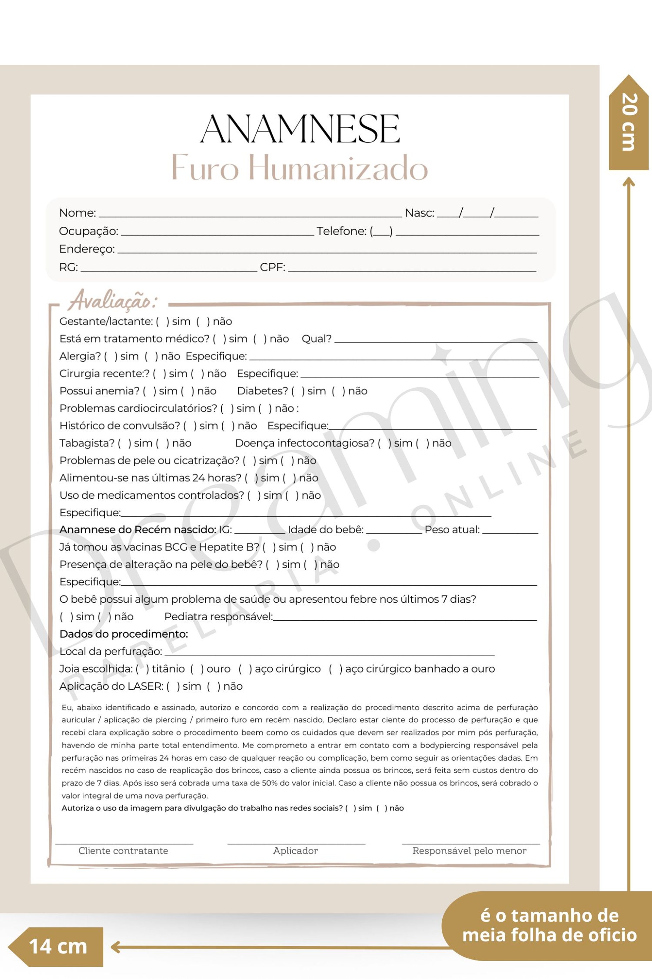 Ficha de Anamnese Furo Humanizado - Loja Dreaming | Dreaming