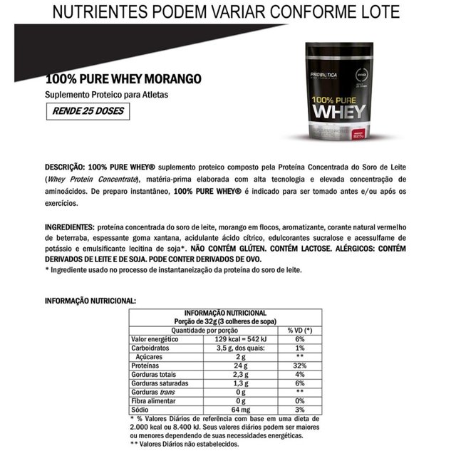 100 Pure Whey Refil 900g Morango Probiotica Jow Suplementos