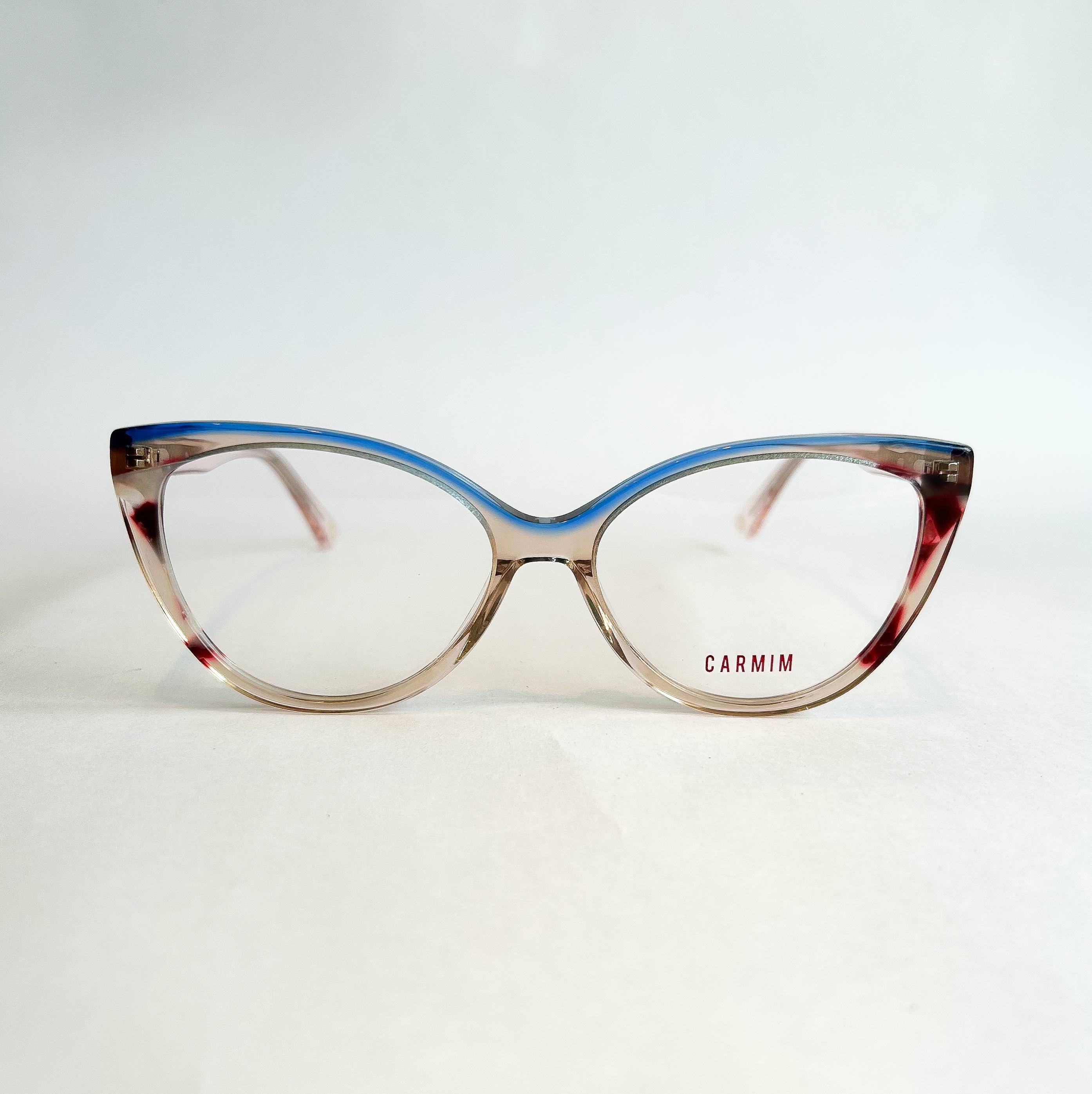 Óculos de Grau Feminino Carmim Gatinho Translúcido c/ Detalhes Azul ...