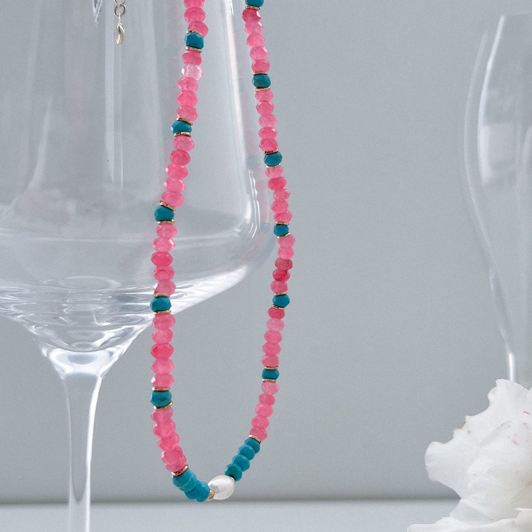 Colar Rondel Rosa e Tiffany Com Pérola Central - Raiza Delize | Raiza ...