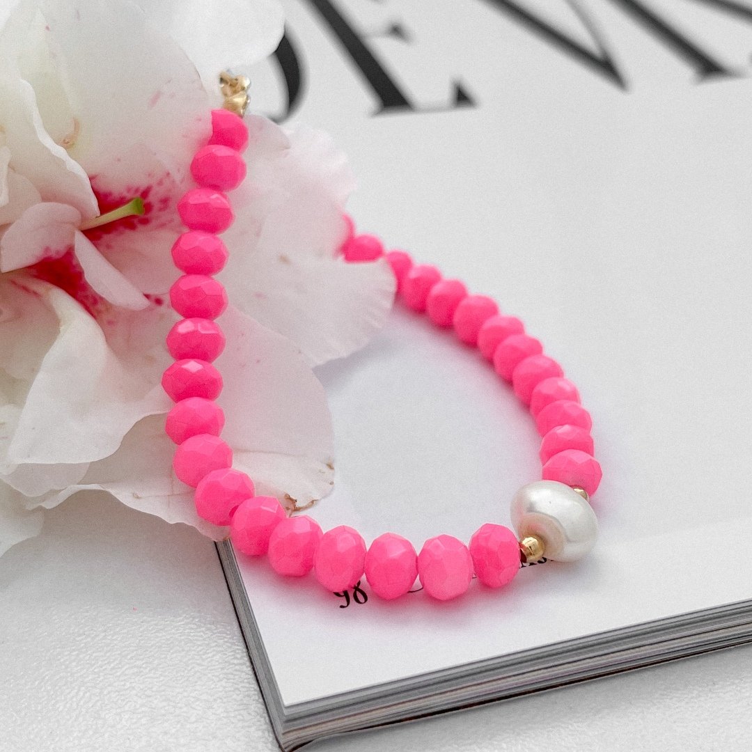 Pulseira Rosa Rondel de Zircônia Com Pérola Central - Raiza Delize ...