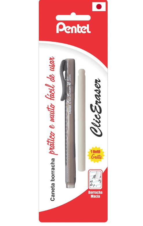 BORRACHA CANETA PENTEL CLIC ERASER PRETA + REFIL | Atacadão Mec