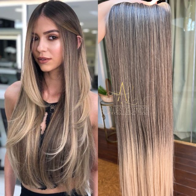 Mega Hair Tic-Tac Morena Iluminada + Pontas Mel Liso Fibra Bio luxo ...