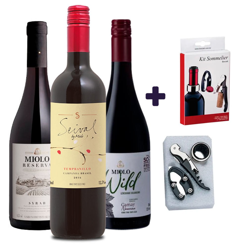 Kit 3 Vinhos Tintos Miolo + Kit Sommelier Boccati | WerleComercial