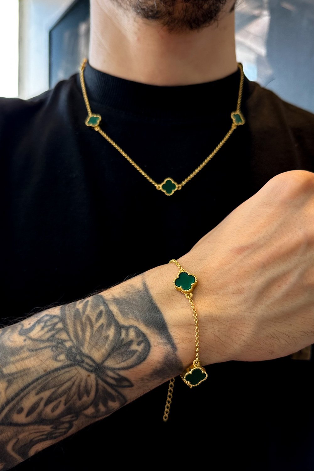 Kit Trevo Verde Banhados A Ouro 18k | Invictus Joias