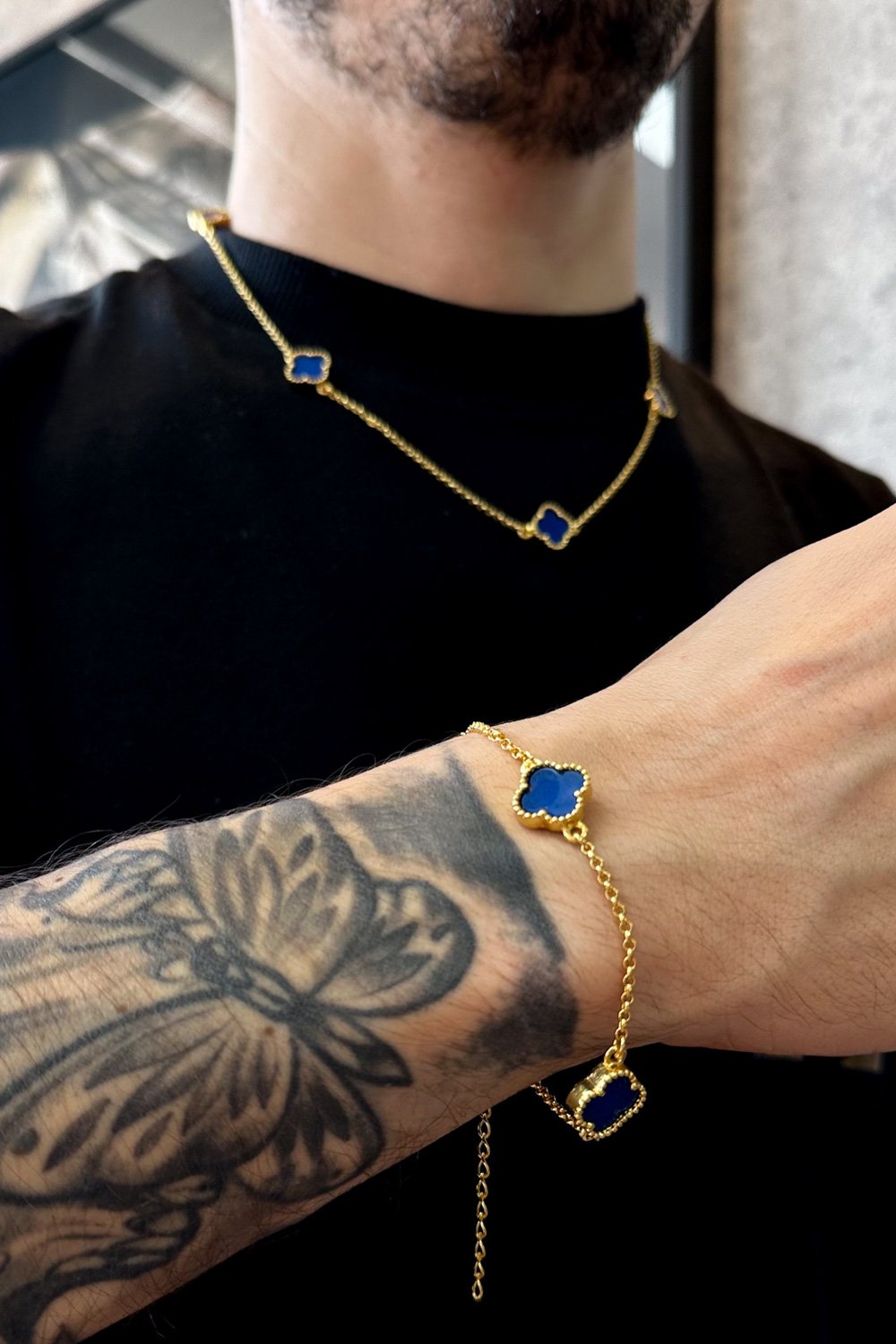 Kit Trevo Azul Banhados A Ouro 18k | Invictus Joias