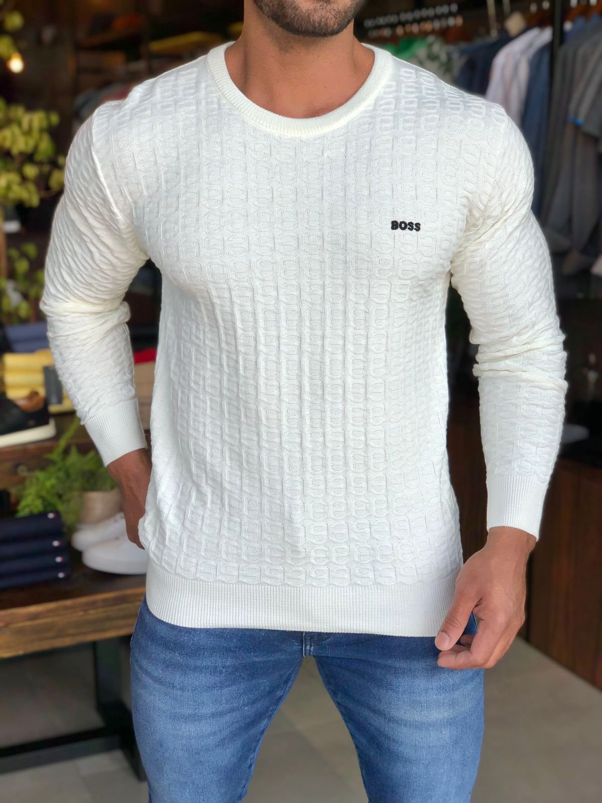 Suéter Hugo Boss Detalhado Logo Peito Branco | Henri Store - Loja Oficial