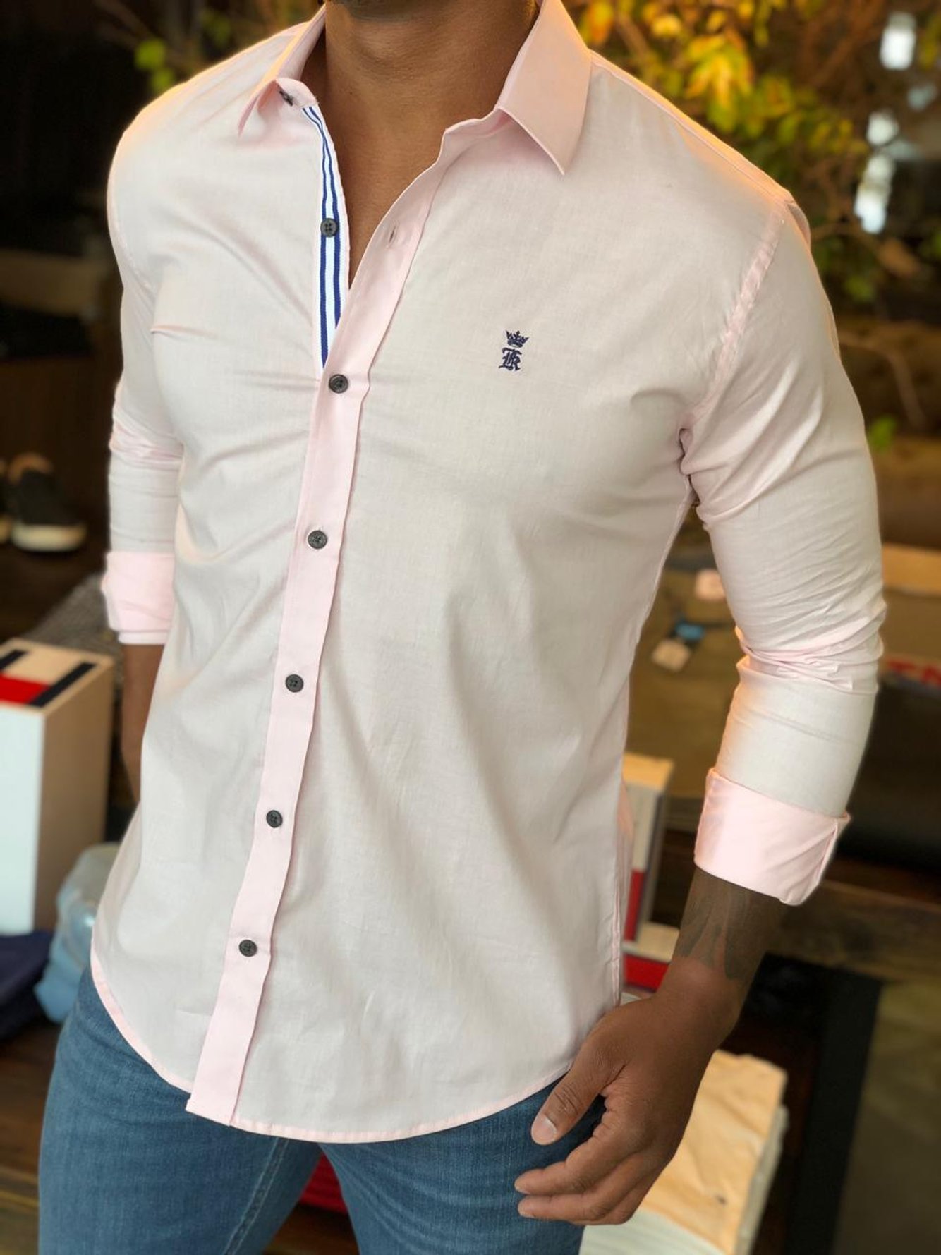 Camisa Sergio K Slim Fit Rosa Claro/Marinho | Henri Store - Loja Oficial