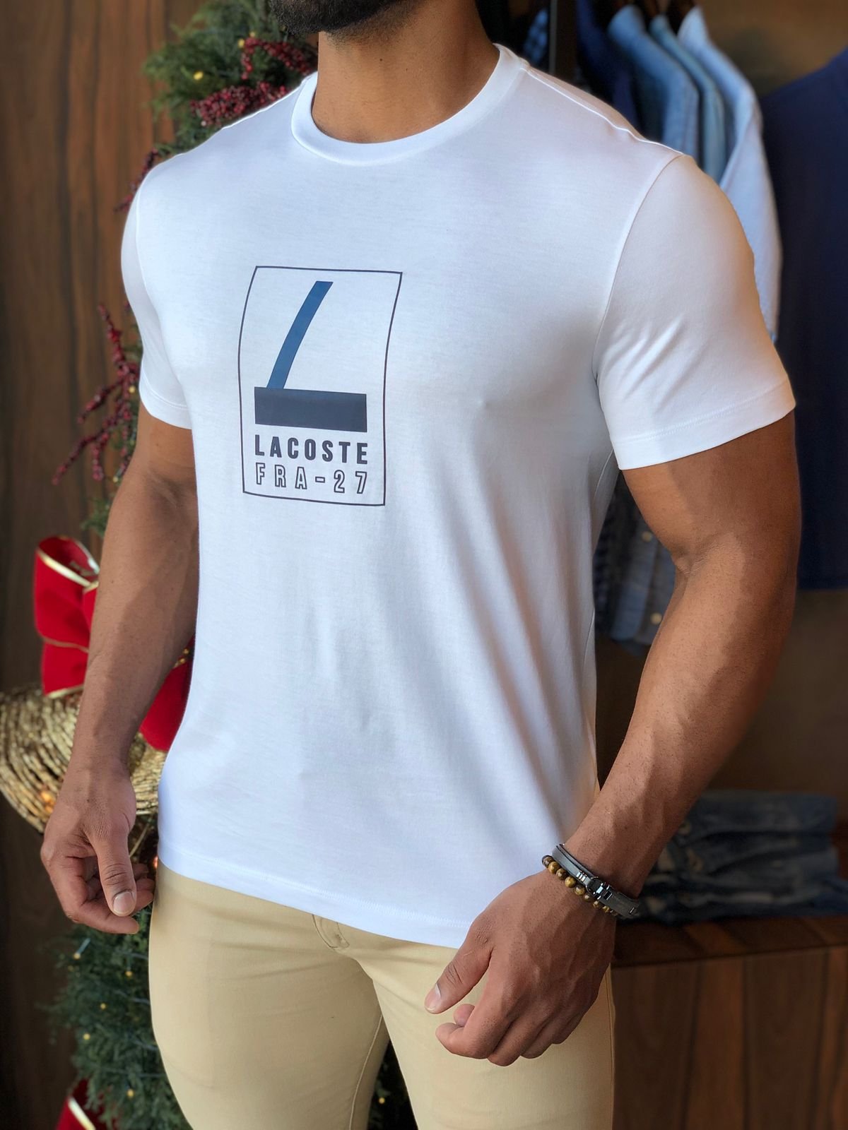 Camiseta Lacoste Regular Fit Branco Fra 27 Azul