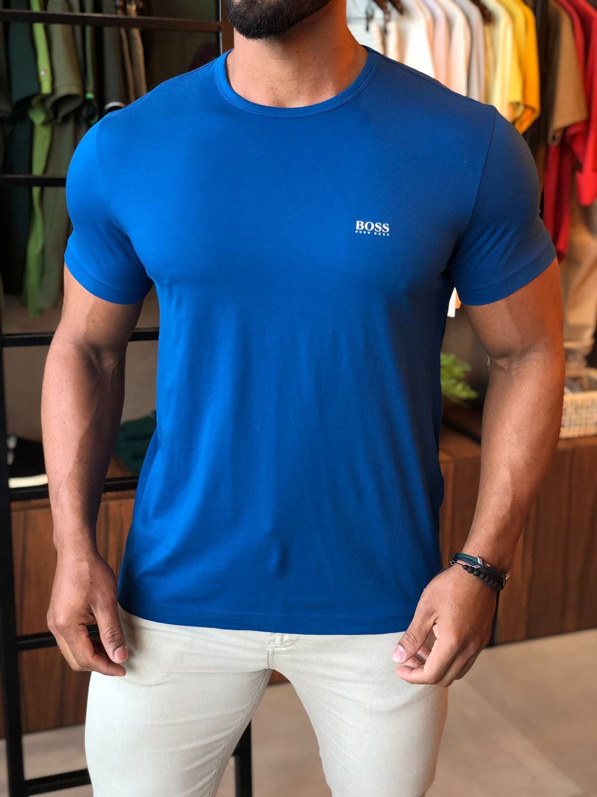 Camiseta Hugo Boss Azul Jeans Basica Logo Peito Branca | Henri Store