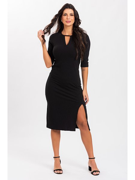 Vestido Canelado Midi com Manga | Monnieri Fit Wear