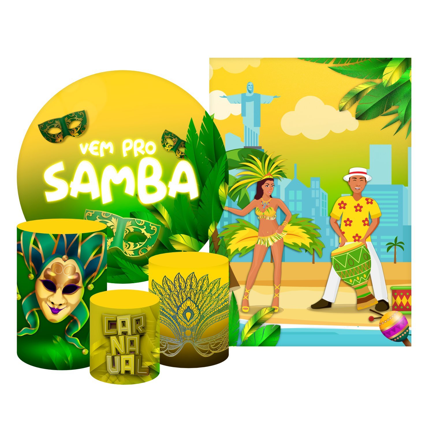 Kit Painéis Casados + Trio De Cilindros Tema Carnaval Samba Em Tecido ...