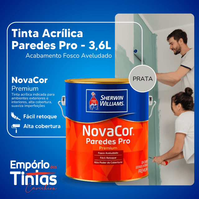 Tinta Acrílica Prata Novacor Pro Premium Fosco Aveludado 3,6L | Empório ...