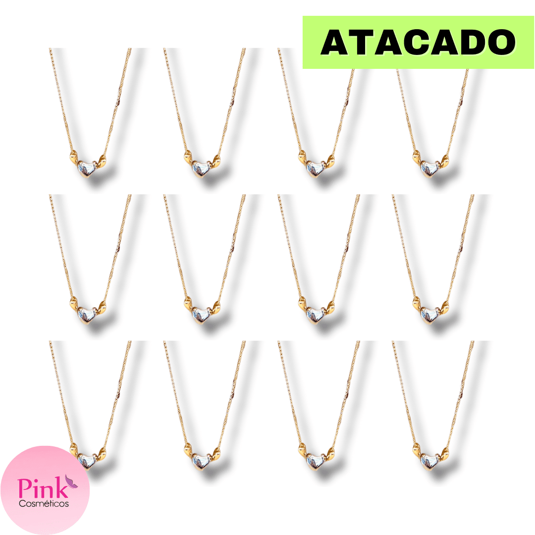 PACOTE COLAR 3 CORAÇÕES DE ABS 12 UND - PINK FOLHEADOS | Pink
