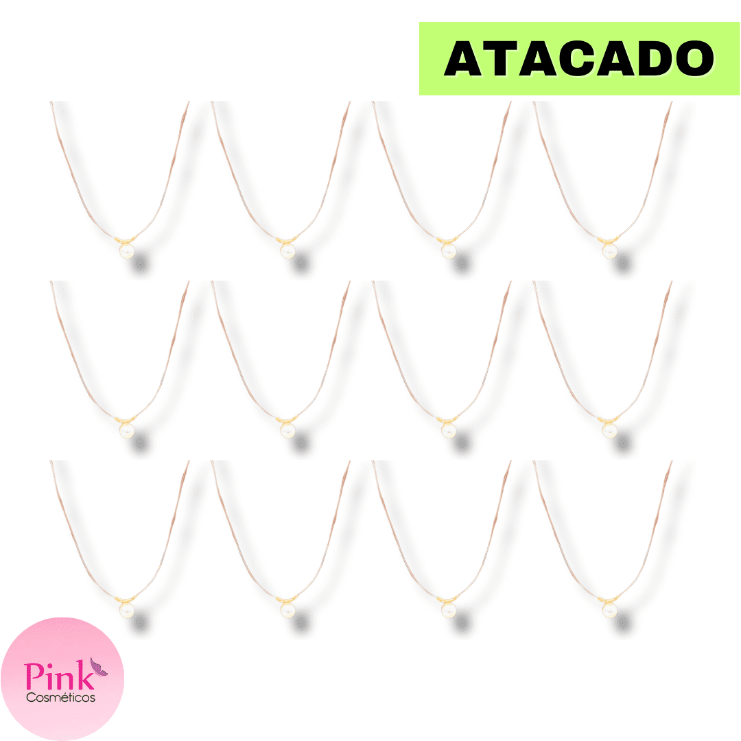 PACOTE COLAR FIO NYLON CANO COM PÉROLA 12 UND - PINK FOLHEADOS | Pink