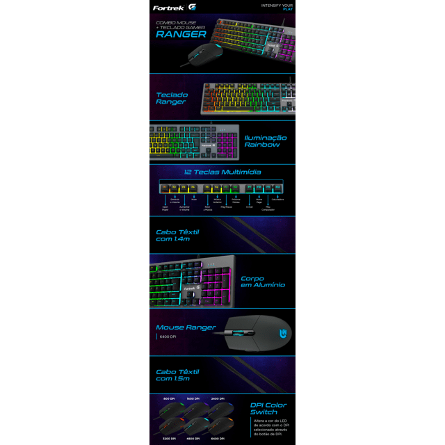 Kit Teclado e Mouse Gamer Fortrek Ranger Rainbow, RGB, Grafite, Novo ...