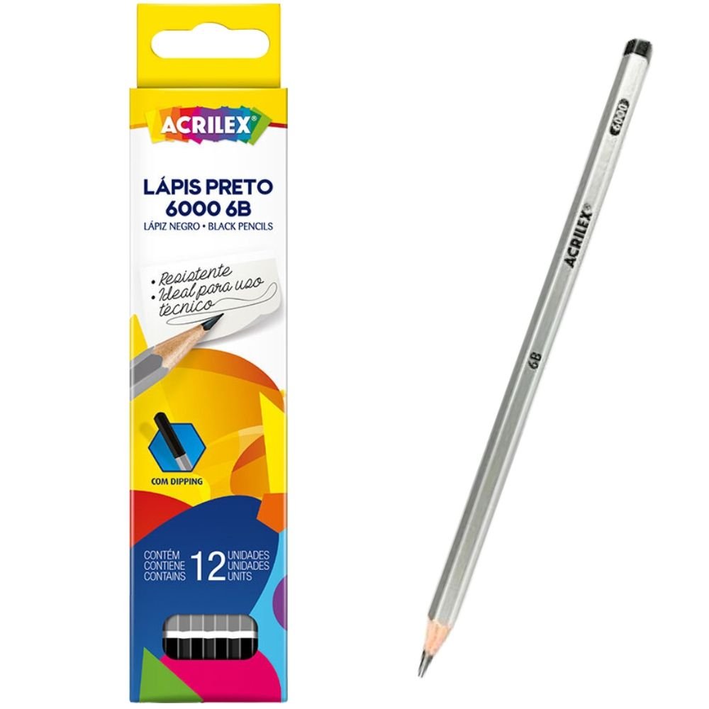 Lápis Preto 6000 Acrilex - 12 Lápis 6B | Dudu Brinquedos