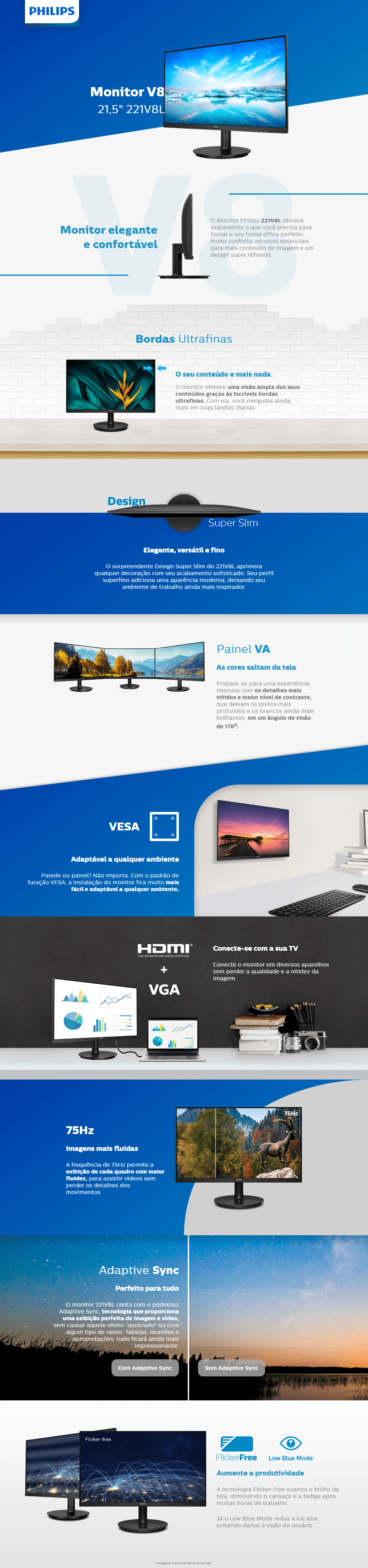 Monitor Philips 21.5", Full HD, HDMI/VGA, VESA, Adaptive-Sync, Bordas ...