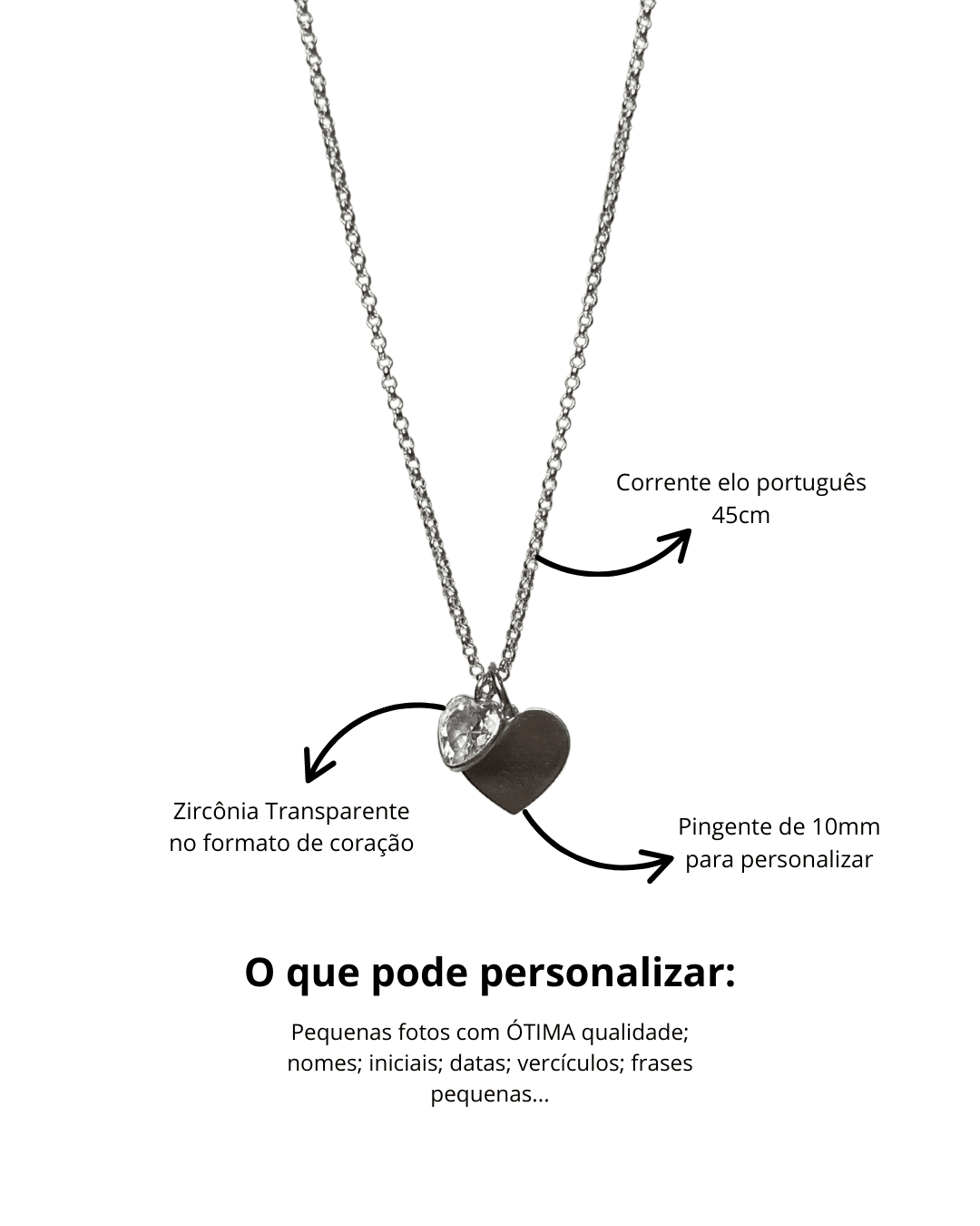 Colar Gravação Personalizada Coração Prata 925 | Bellitas Joias