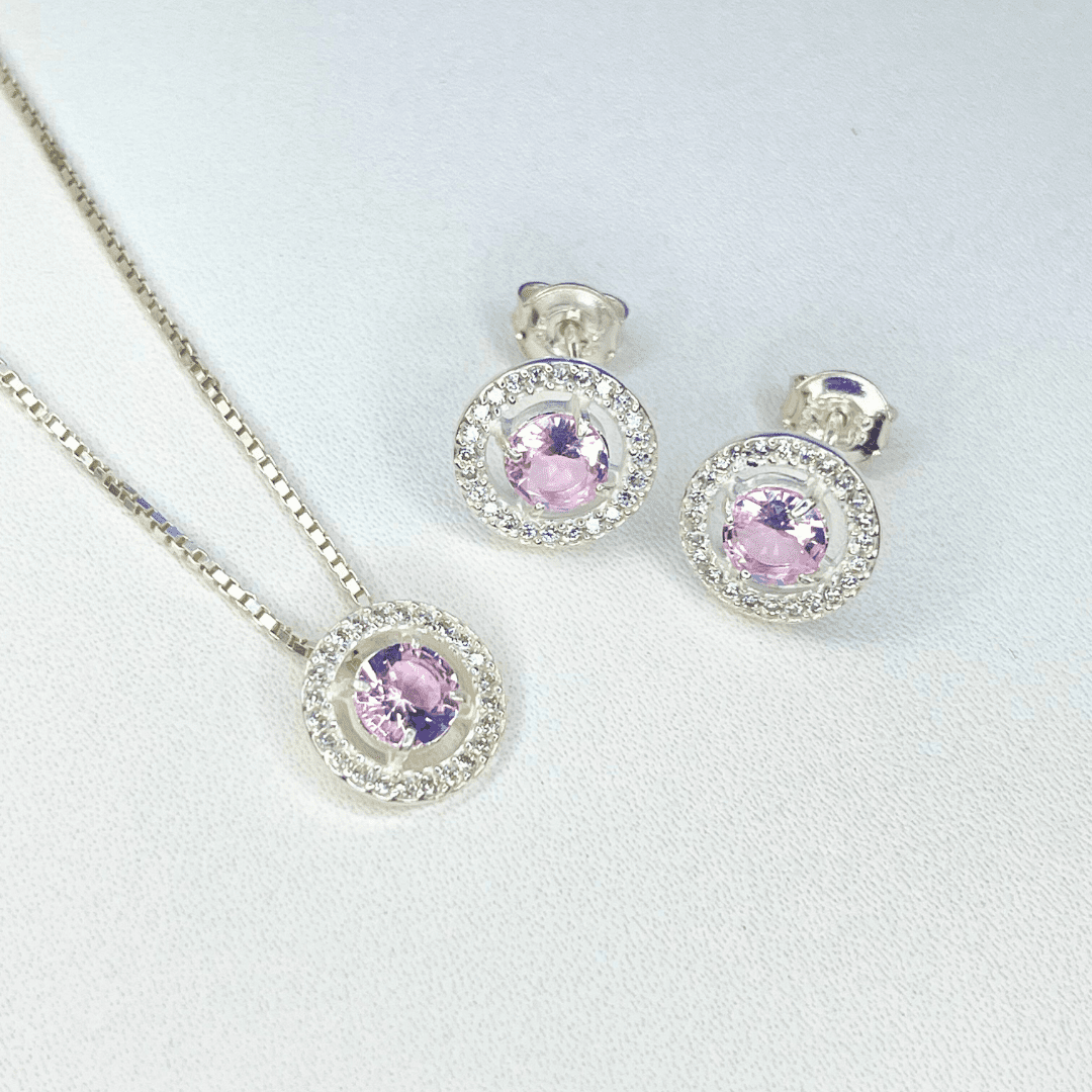 CONJUNTO REDONDO MOLDURA CRAVEJADO CRISTAL ROSA CLARO | Bellitas Joias