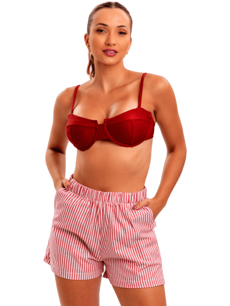 Short Amanda Algodão Branco/Vermelho | ALMAY