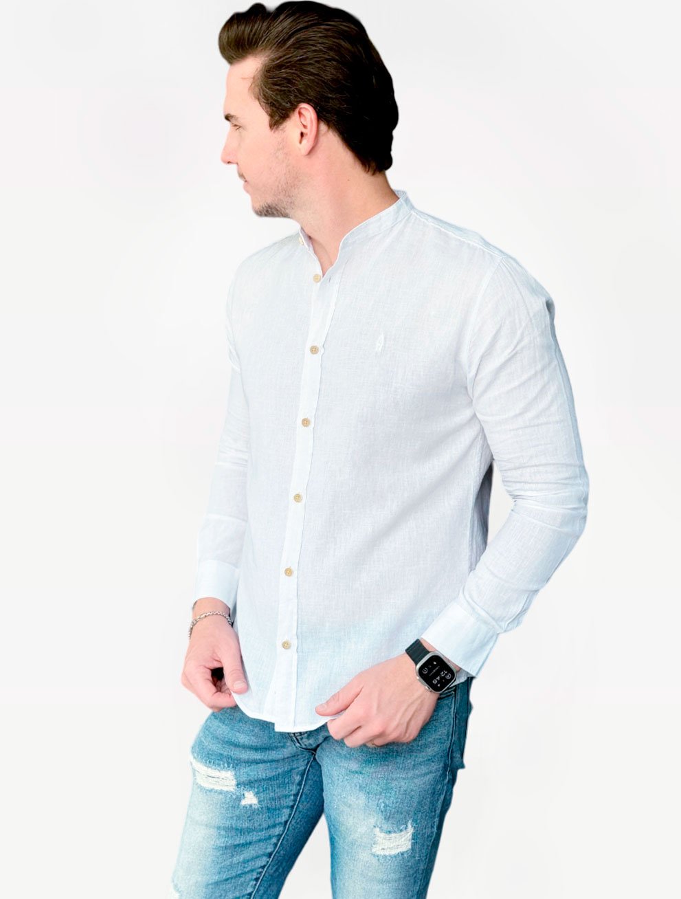 Camisa Ankor Slim Fit ML Linho Gola Padre 61 Branca | Adamanto Store