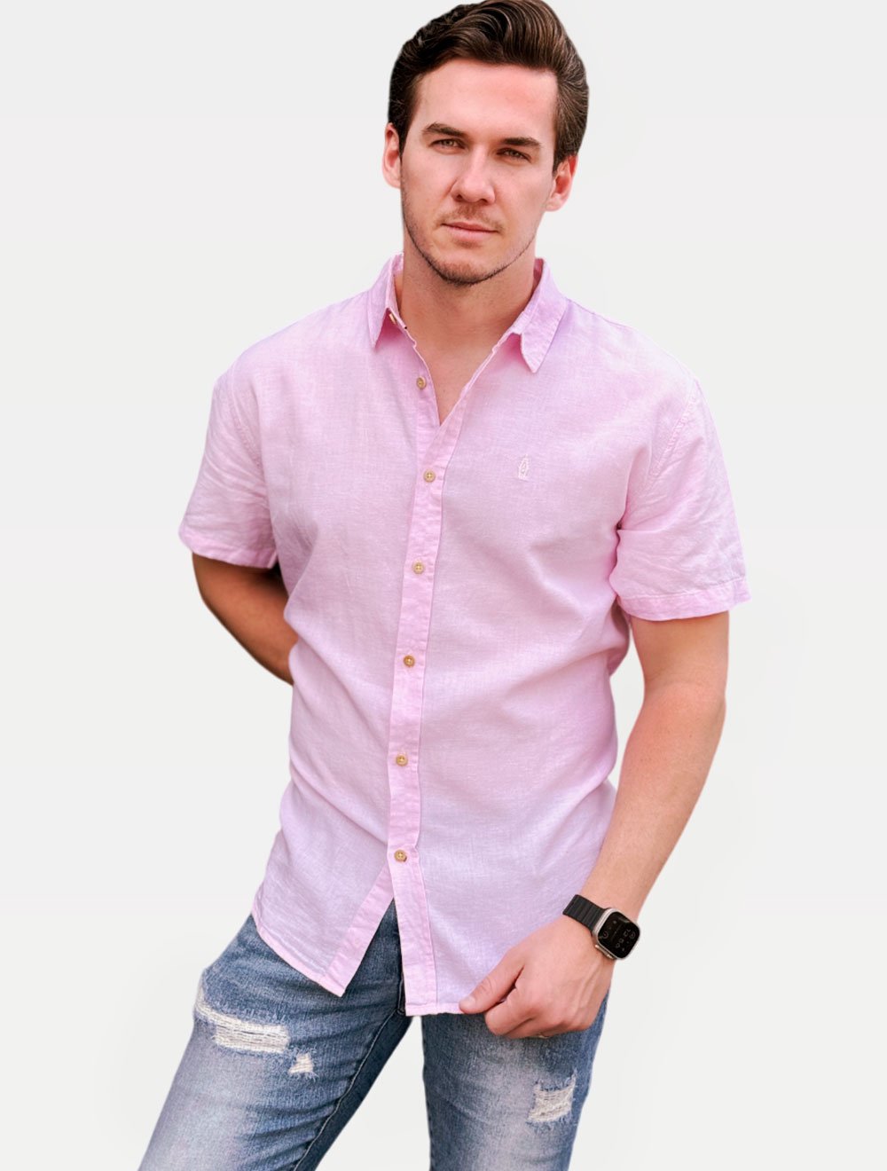 Camisa Ankor Slim Fit MC Linho 91 Rosa Claro | Adamanto Store