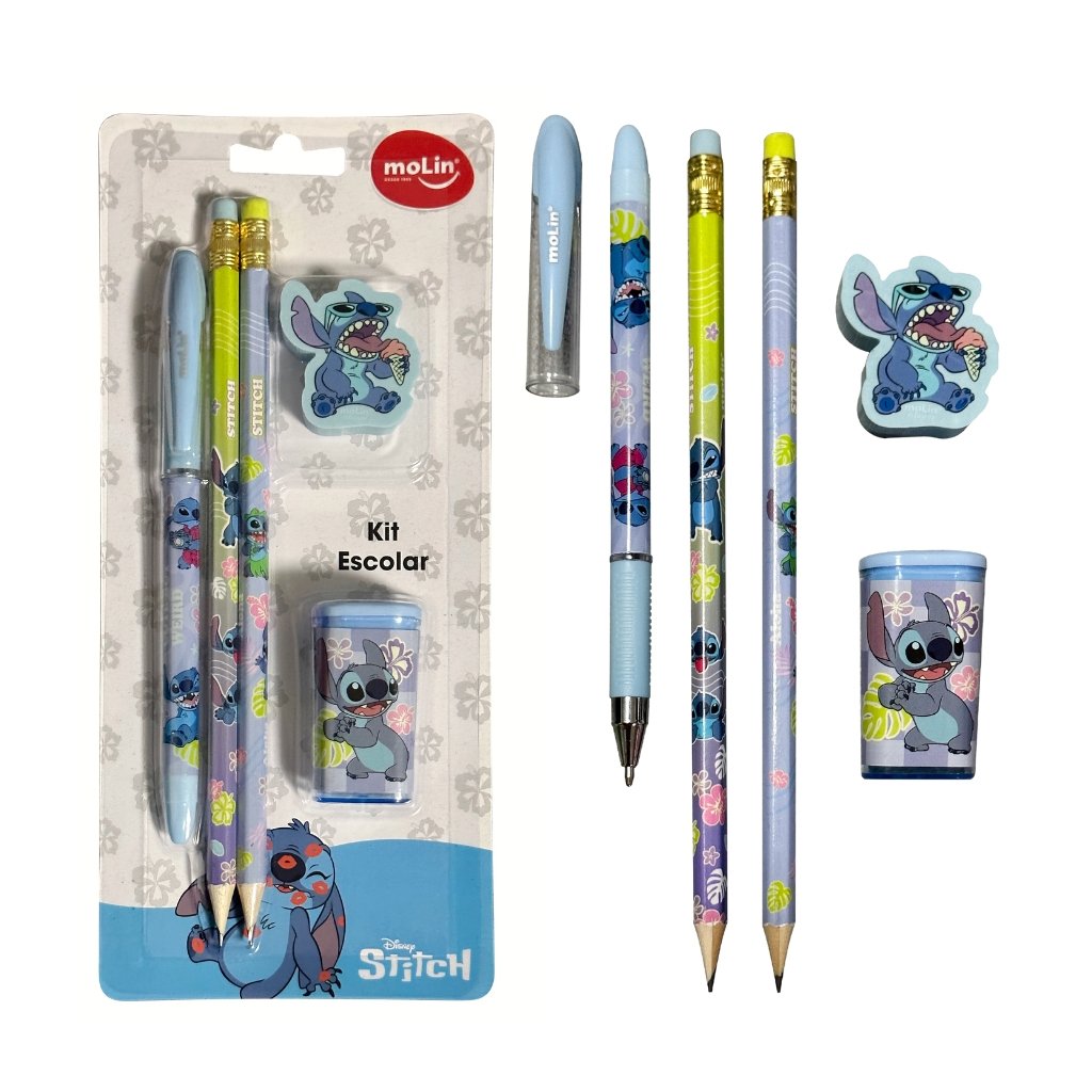 Kit Escolar Stitch Azul 5 Peças MOLIN - BLISTER | Atacado Papelândia