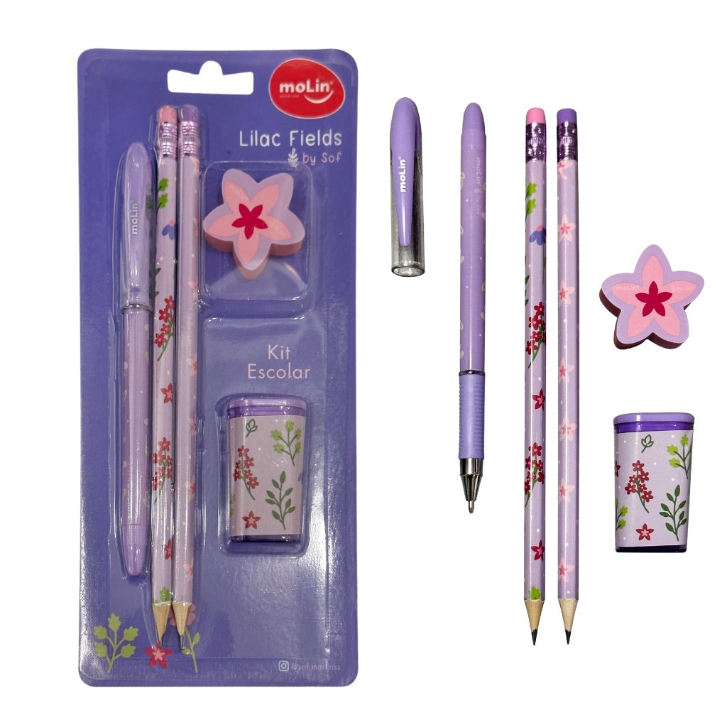 Kit Escolar Lilac Fields 5 Peças MOLIN - BLISTER | Atacado Papelândia