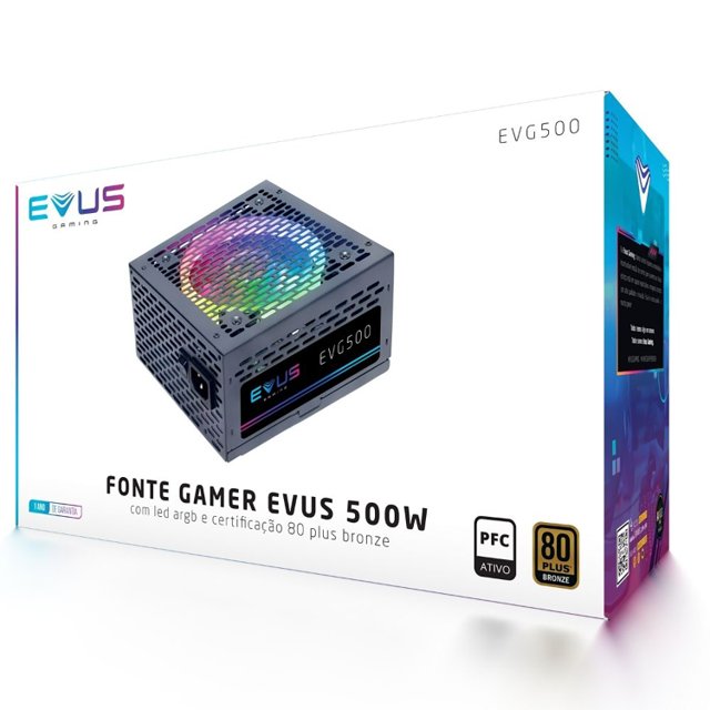 Fonte Gamer Evus EVG500, 500W, 80plus Bronze, ARGB, Preto | ITX Gamer