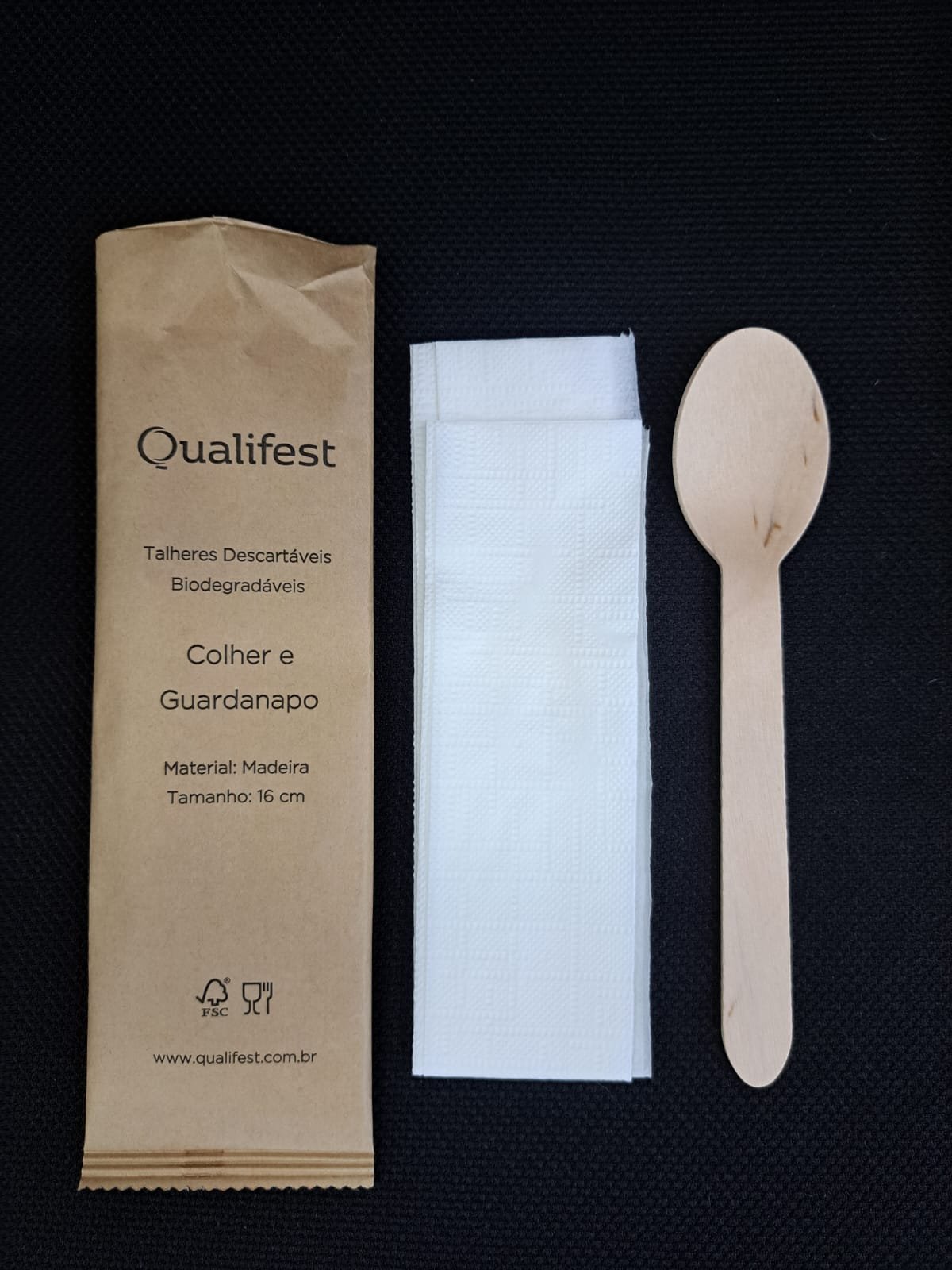 COLHER MADEIRA 16 CM - EMBALADA EM SACHE DE PAPEL COM GUARDANAPO ...