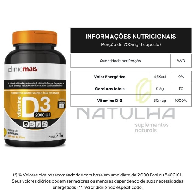 Vitamina D3 2000UI 30 cápsulas - Clinicmais no ATACADO | Natural ...