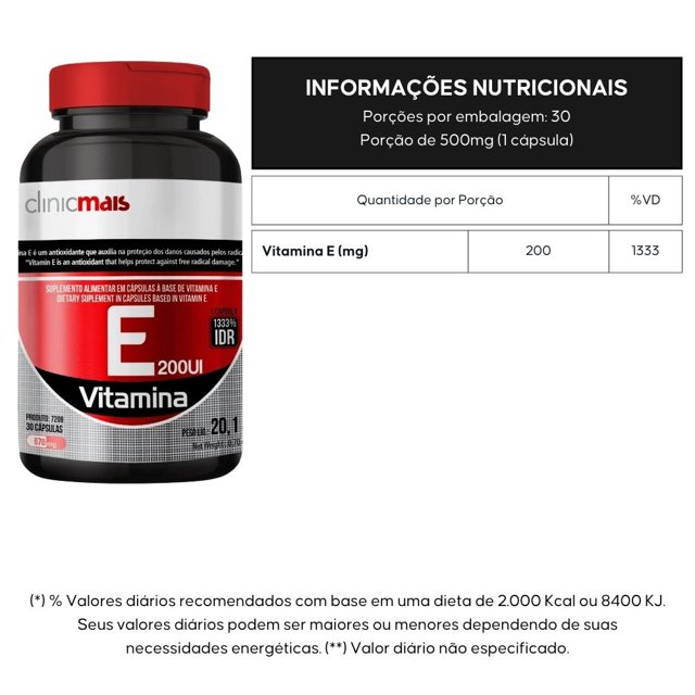 Vitamina E 200ui 30 cápsulas - Clinicmais | Natural Distribuidora