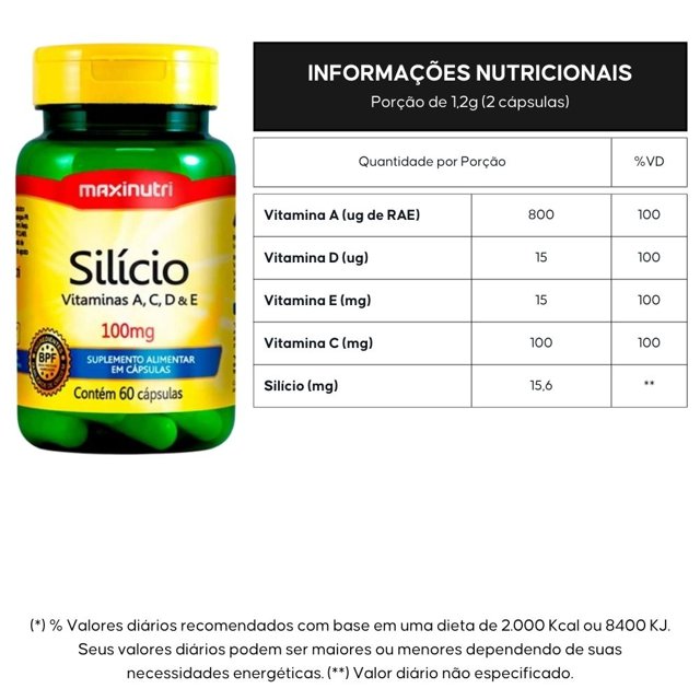 Silício 100% IDR + Vitaminas 60 cápsulas - Maxinutri | Natural Distribuidora