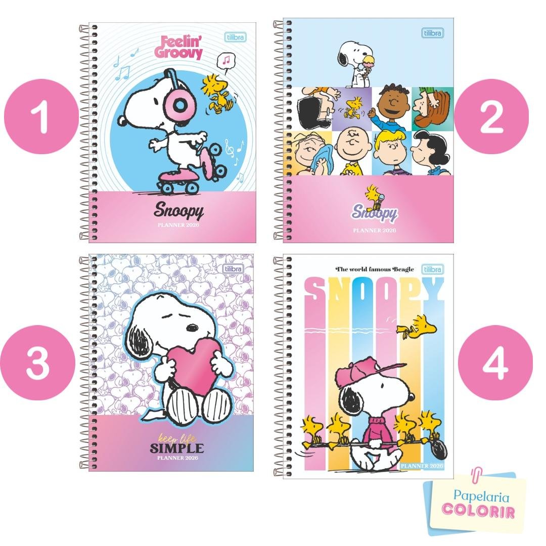 Planner espiral Snoopy 2026 - Tilibra | Papelaria Colorir