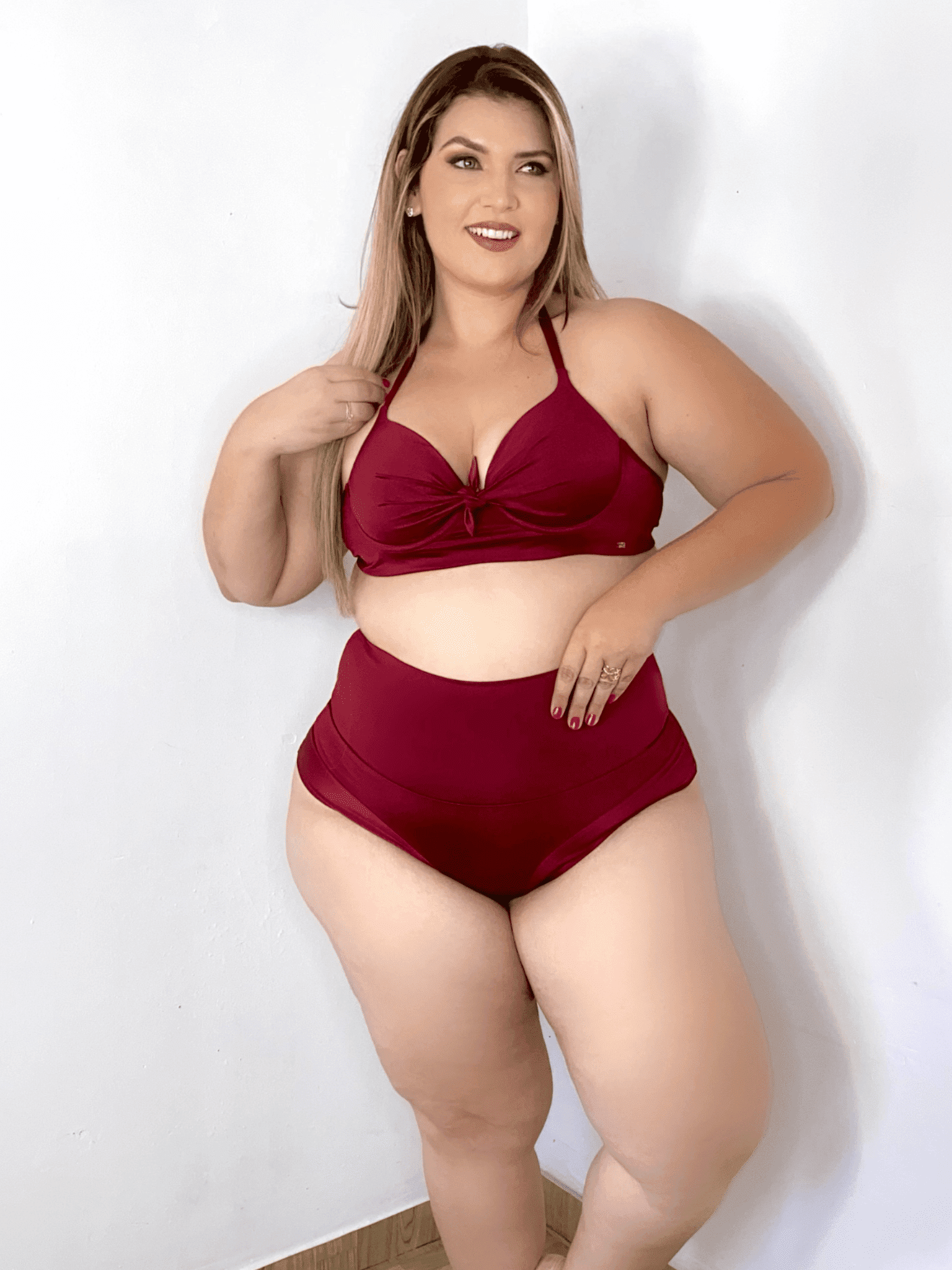 Conjunto biquíni Top Bia marsala + calcinha cós super alto semi fio duplo marsala | Nica Brasil