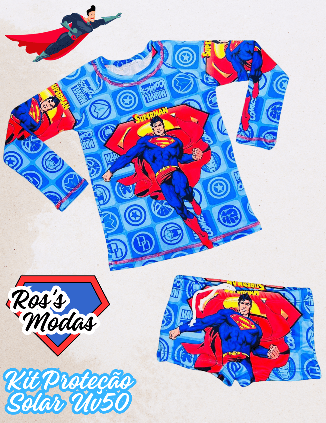 Kit Sunga + Camisa Proteção Solar SuperMan | Ros's Modas