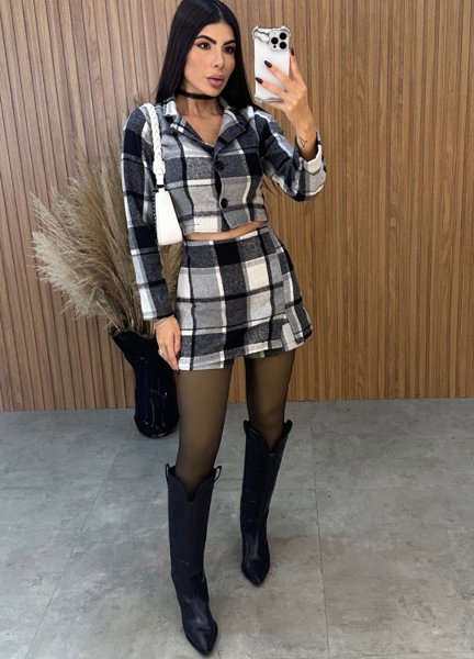 Conjunto Lara Xadrez Flanelado - Preto | Guria Store