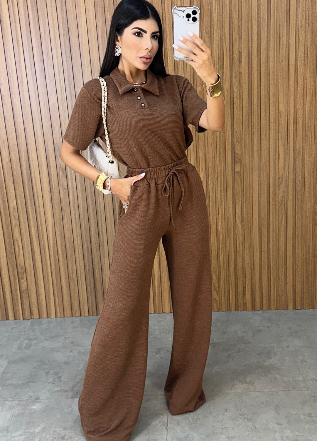Conjunto Sara Manga Curta - Mocha Mousse | Guria Store