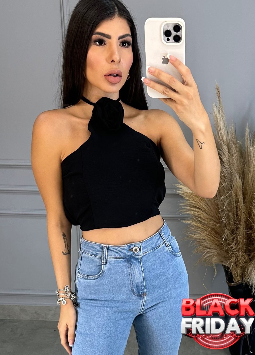 Cropped Mayte Flower - Preto | Guria Store