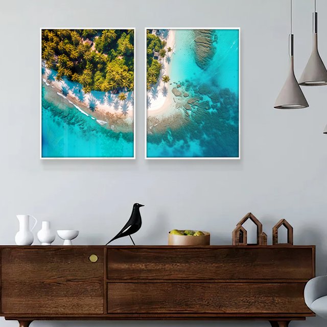 Kit de 2 Quadros com Vidro e Moldura Filete Paisagem Praia Areia com ...