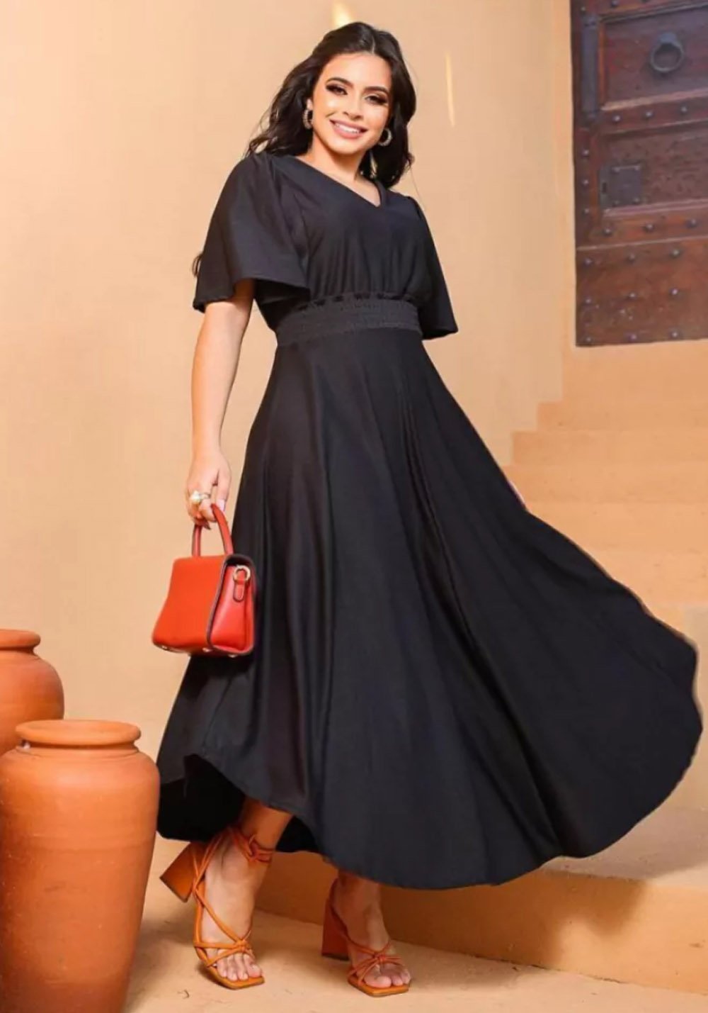Vestido Maxi Midi Decote V Manga Flare Preto | Victoria's Fashion Store ...